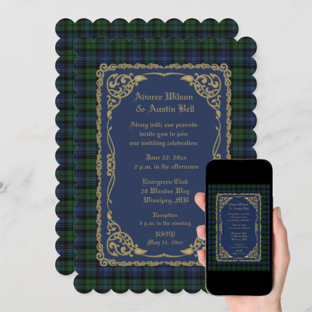Black Watch Ancient Tartan With Gold Frame Invitation | Zazzle