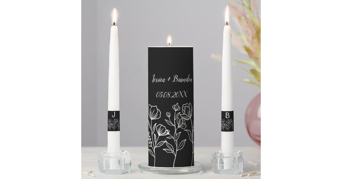 Black Watercolor Floral Script Monogrammed Wedding Unity Candle Set ...