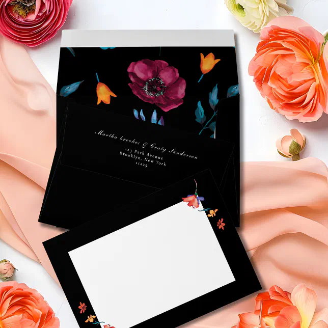 Black Watercolor Mexican Fiesta Flower Wedding Envelope | Zazzle