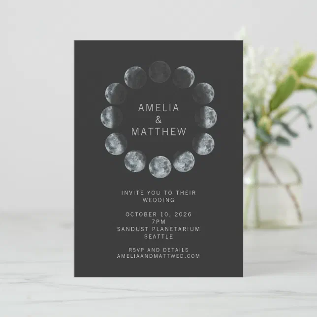 Black Watercolor Moon Phases Celestial Wedding Invitation | Zazzle