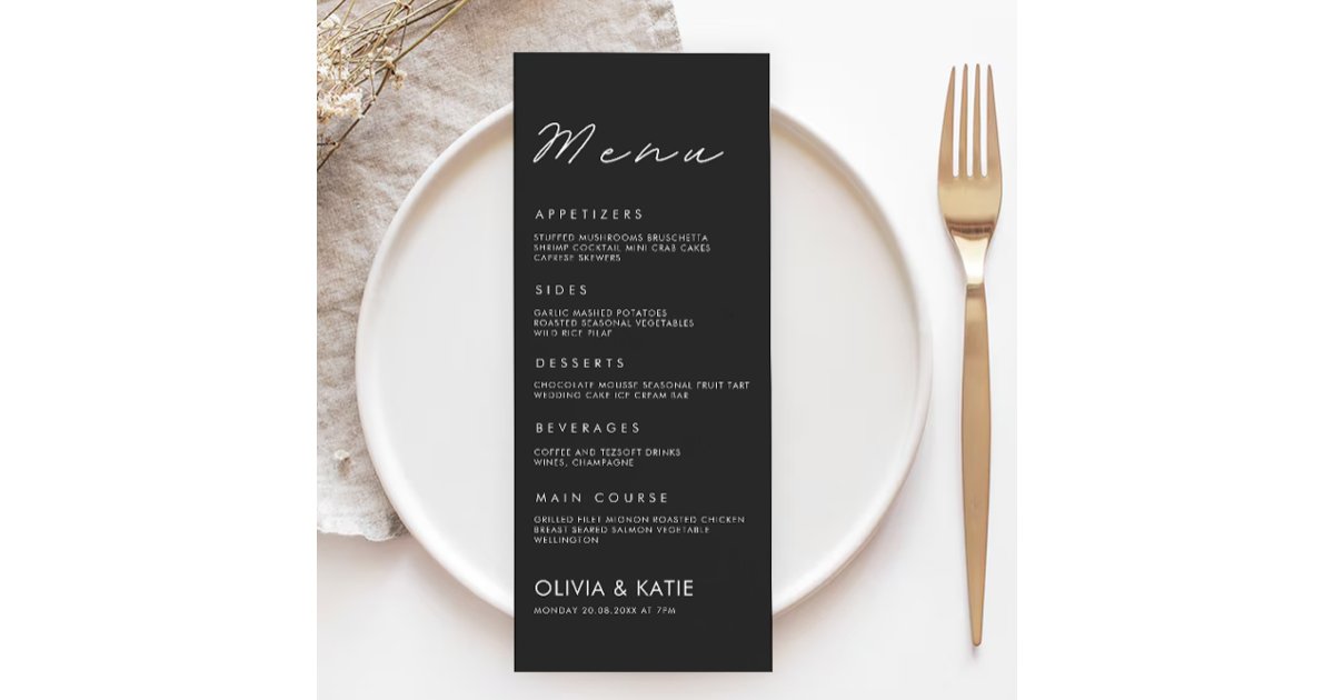 Black Wedding Menu Cards Template | Zazzle