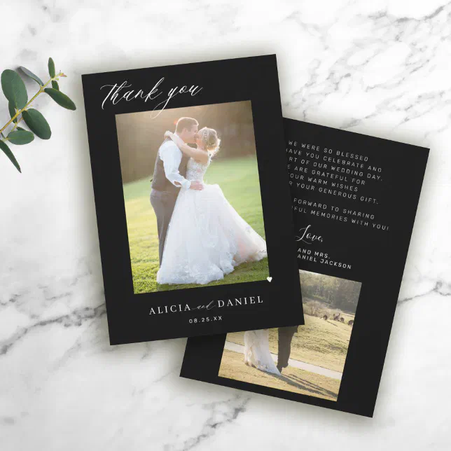 Black wedding simple 2 photo elegant script thank you card | Zazzle