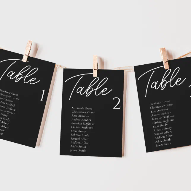 Black Wedding Table Seating Chart Cards | Zazzle