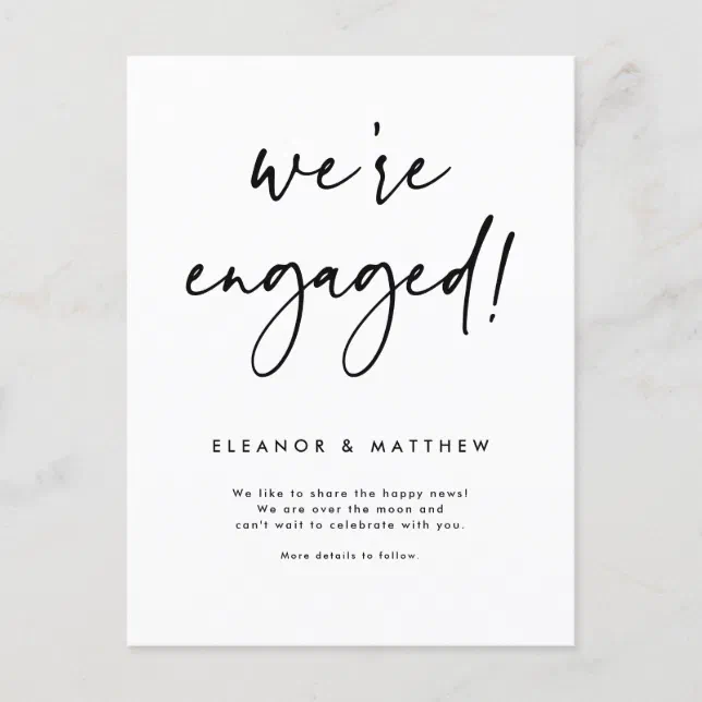 Black We're Engaged Hand Lettering Engagement Announcement Postcard ...