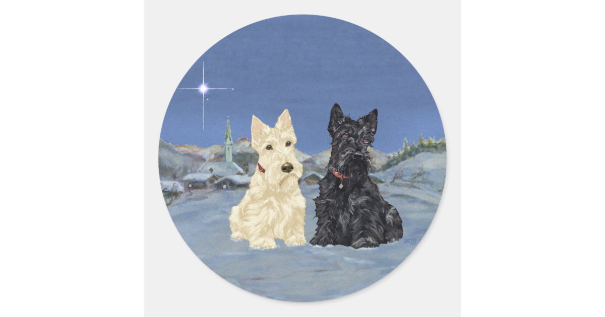 Black & Wheaten Scottish Terriers Winter Classic Round Sticker | Zazzle