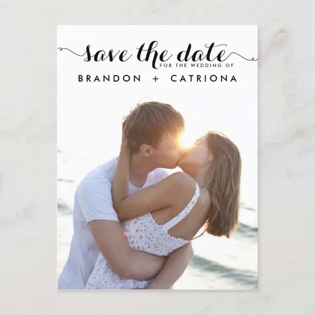 BLACK WHIMSICAL SCRIPT SAVE THE DATE POSTCARD | Zazzle