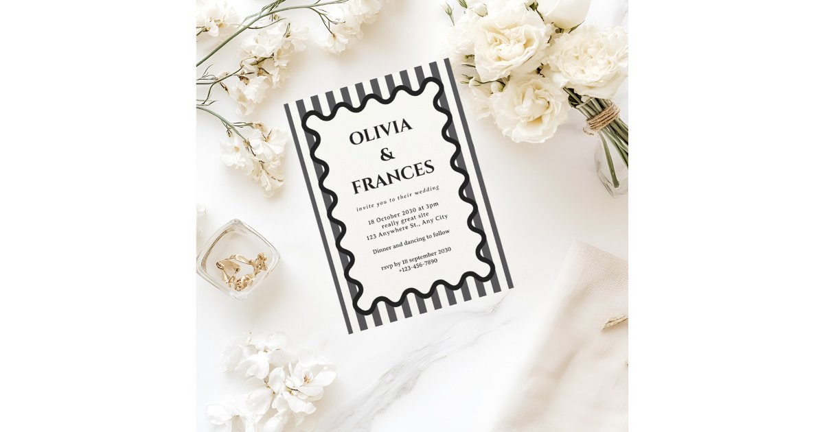 black Whimsical Wedding Suite, Wavy Invitation | Zazzle