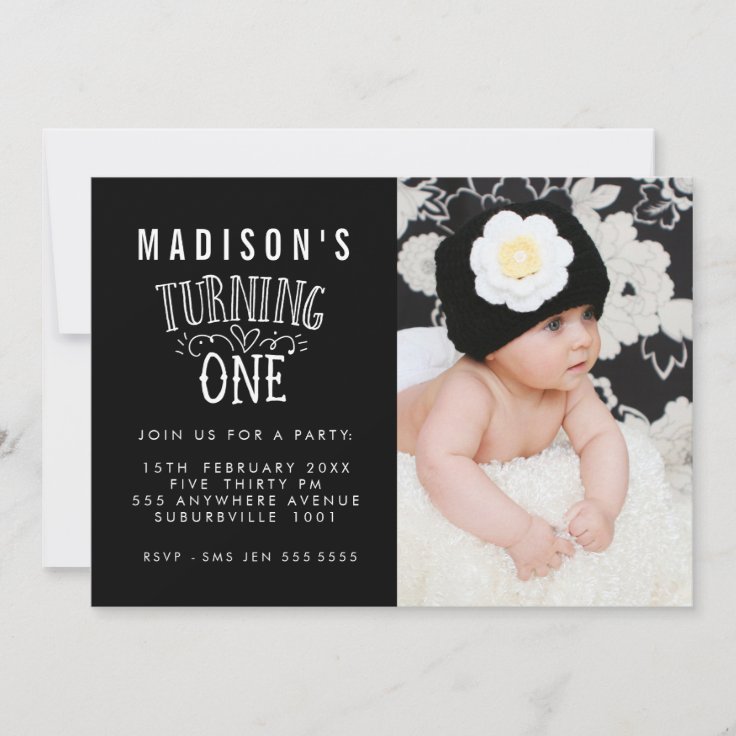 Black & White 1st Birthday Personalized Photo Card | Zazzle