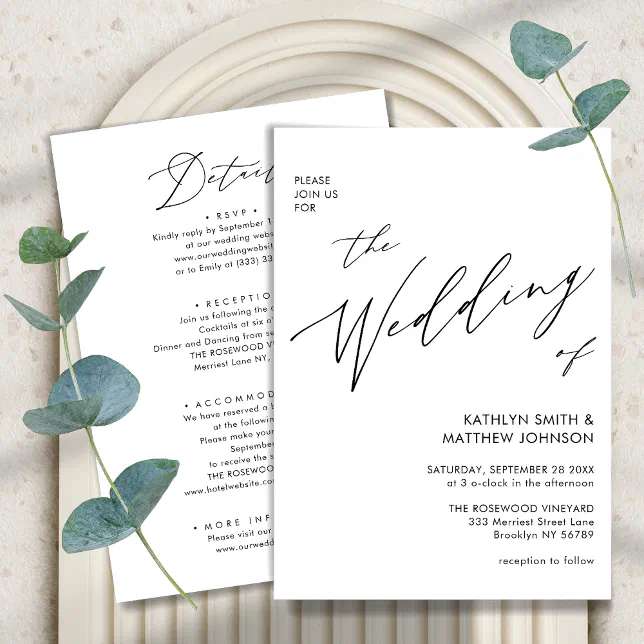 Black & White All In One Modern Script Wedding Invitation | Zazzle
