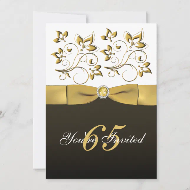 Black, White, and Gold Floral 65th Birthday Invite | Zazzle