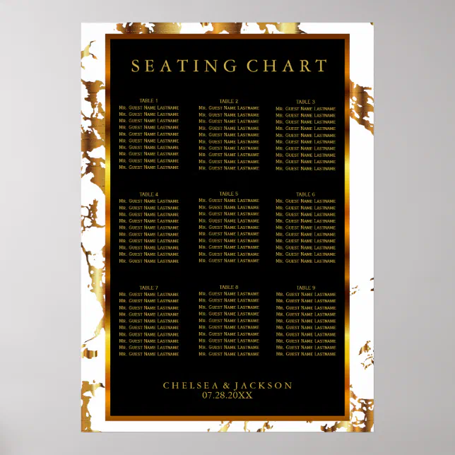 Black, White and Gold Marble - Seating Chart (9) | Zazzle