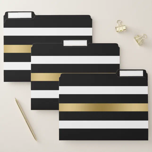 Black, white and gold stripes pattern file folder | Zazzle
