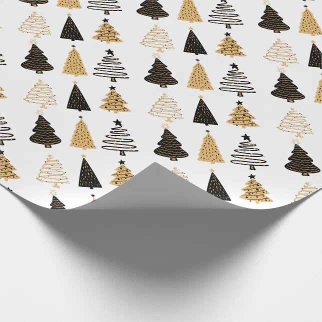 Black, White and Gold Whimsical Christmas Trees Wrapping Paper | Zazzle