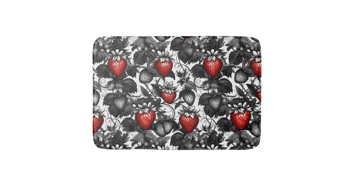 Black, White, and Red Strawberries All Over Bath Mat | Zazzle