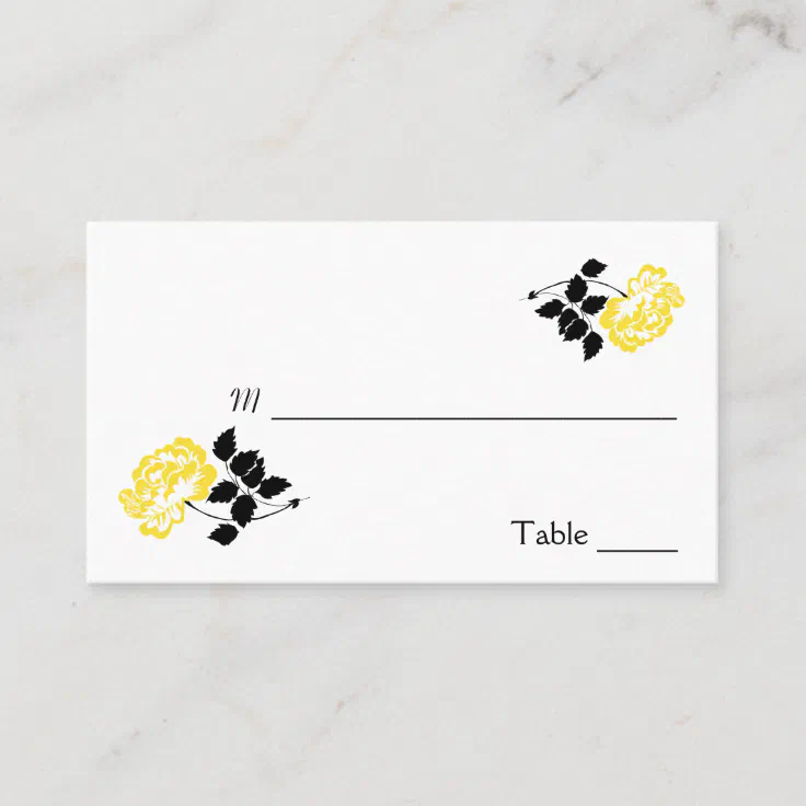 Black, White, and Yellow Floral Place Cards | Zazzle