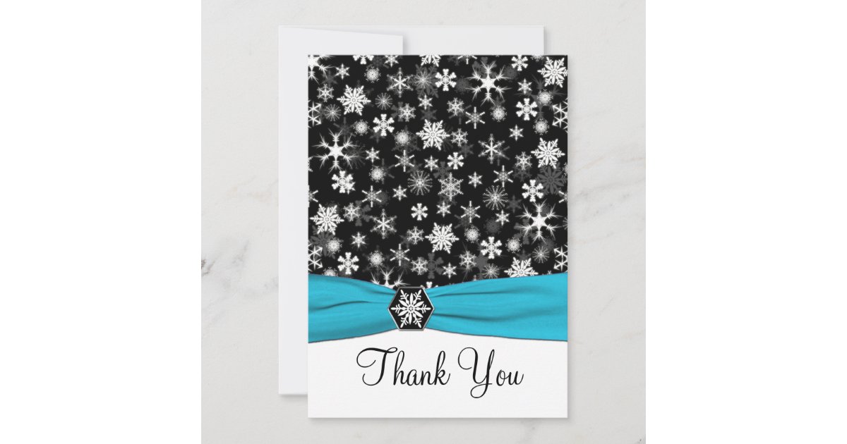 Black, White, Aqua Snowflakes Thank You Card-Flat Invitation | Zazzle