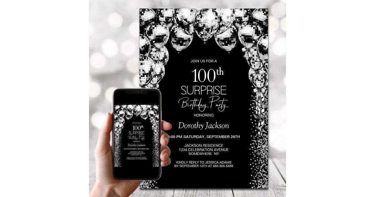 Black White Balloons Surprise 100th Birthday Party Invitation | Zazzle