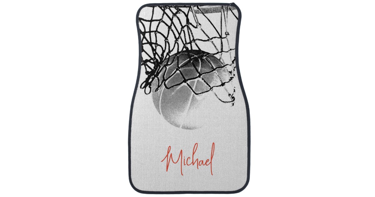 Black & White Basketball Ball & Net Your Name Car Floor Mat | Zazzle
