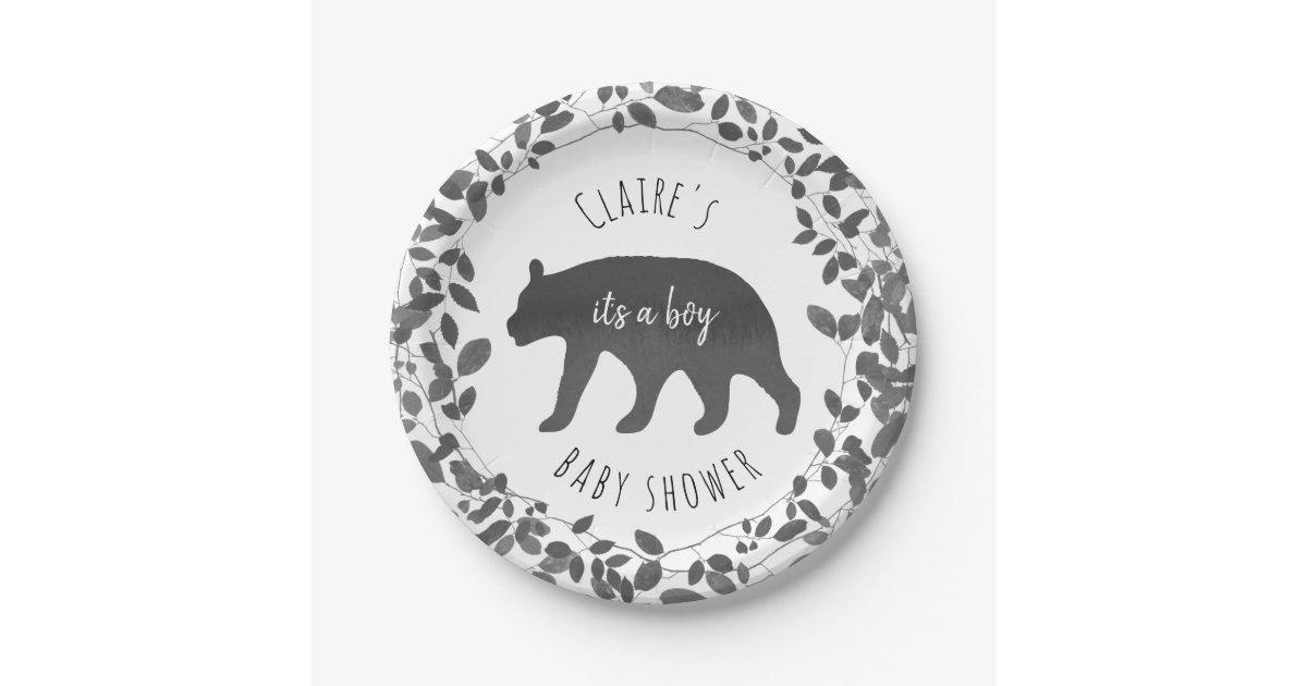 Black + White Bear Cub Foliage Baby Shower Paper Plates | Zazzle