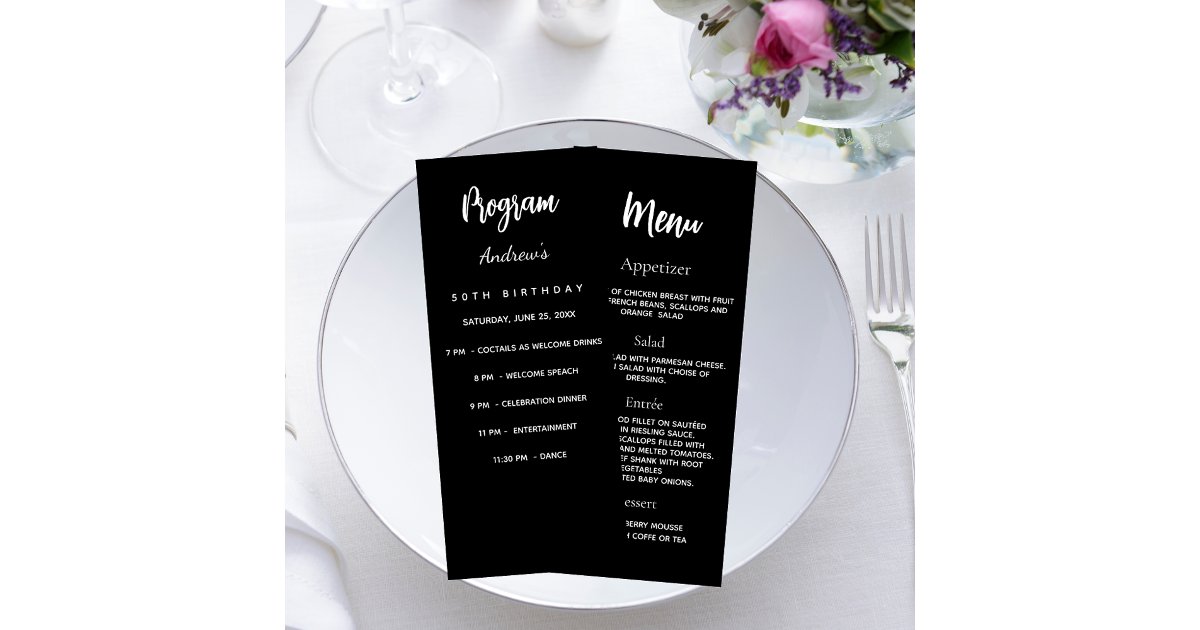 Black white birthday program dinner menu card | Zazzle