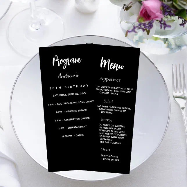 Black white birthday program dinner menu card | Zazzle