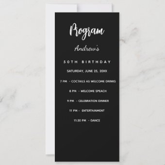 Black white birthday program dinner menu card | Zazzle