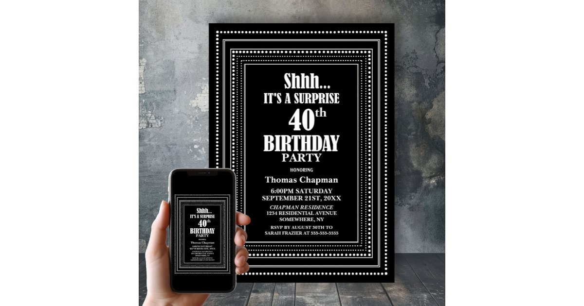 Black White Border Surprise 40th Birthday Party Invitation | Zazzle