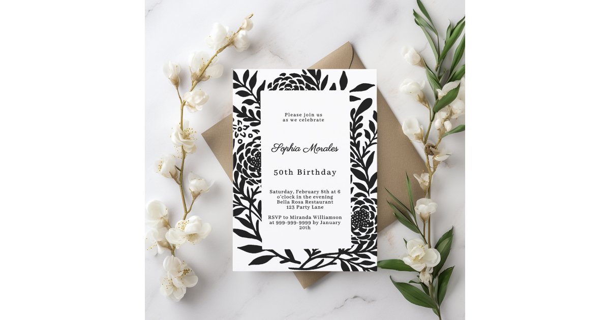 Black white botanical birthday invitation | Zazzle