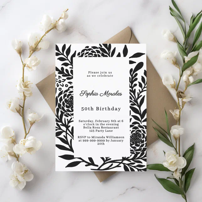 Black white botanical birthday invitation | Zazzle