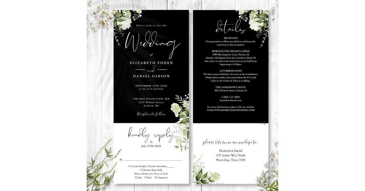 Black White Botanical Greenery All In One Wedding Invitation | Zazzle