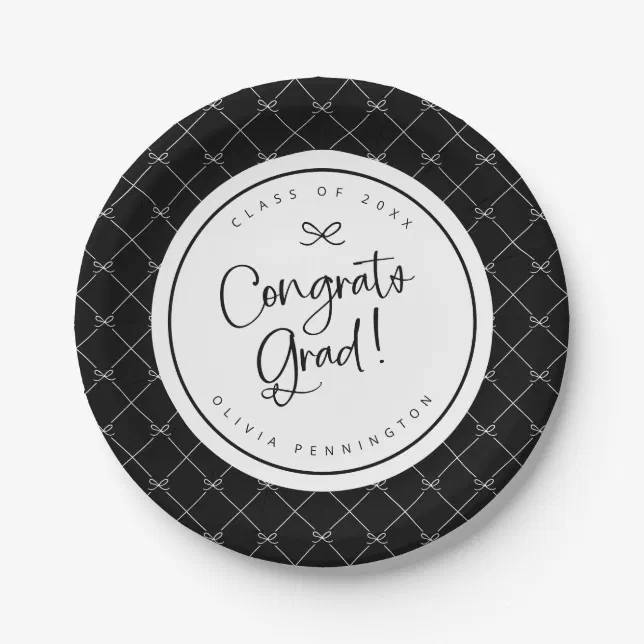 Black White Bows Congrats Grad Graduation Party Paper Plates | Zazzle