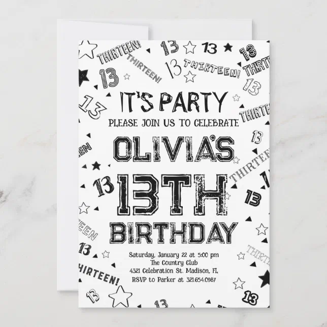 Black White Boy Number Thirteen Birthday Party Invitation | Zazzle