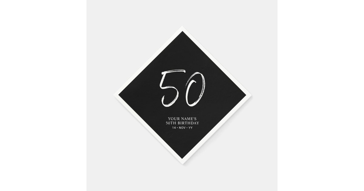 Black & White | Brush Script 50th Birthday Party Napkins | Zazzle