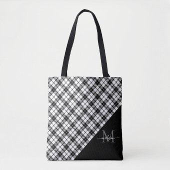 Black White Buffalo Check Plaid Elegant Monogram Tote Bag | Zazzle