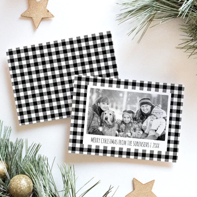 Black & White Buffalo Plaid Photo Christmas Holiday Card | Zazzle