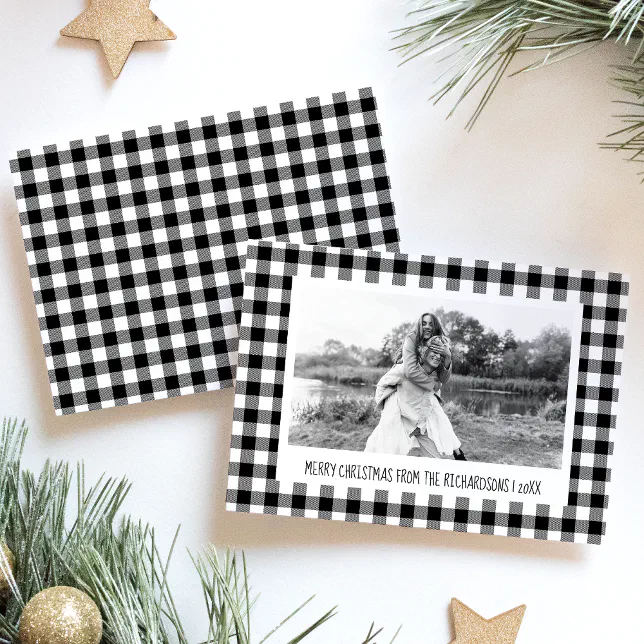 Black White Buffalo Plaid Photo Christmas Holiday Card | Zazzle