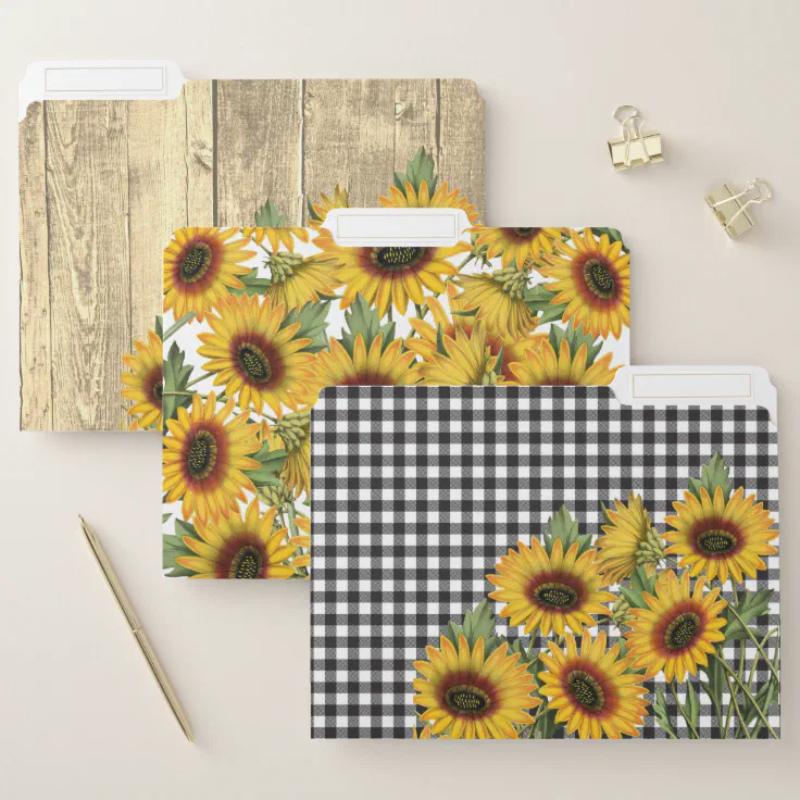 Black White Buffalo Plaid Rustic Sunflowers File Folder | Zazzle