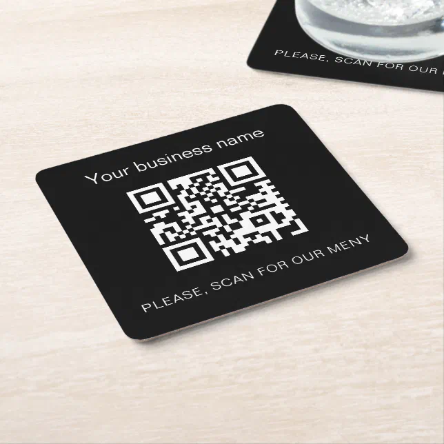 Black white business bar restaurant menu qr code square paper coaster ...
