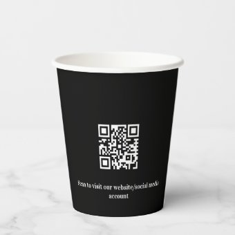 Black white business corporate logo qr code paper cups | Zazzle