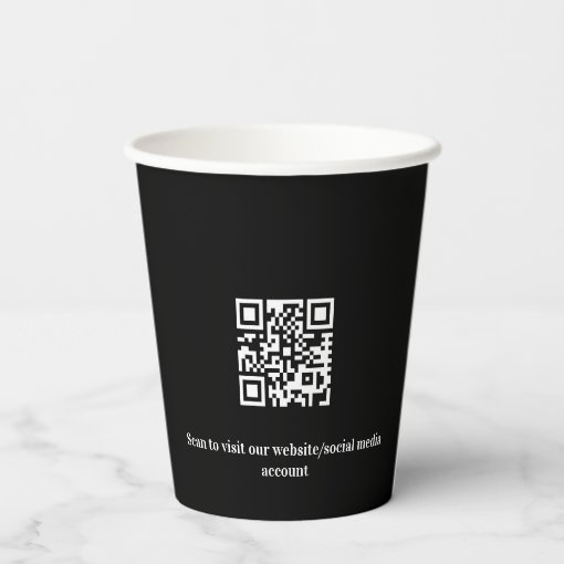 Black white business corporate logo qr code paper cups | Zazzle