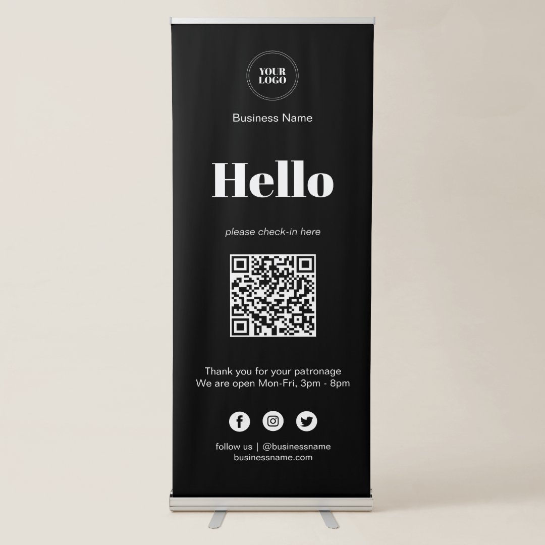 Black & White Business Covid QR Code Check-In Retractable Banner | Zazzle