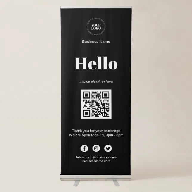 Black & White Business Covid QR Code Check-In Retractable Banner | Zazzle
