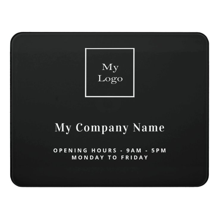 Black white business logo name opening hours door sign | Zazzle