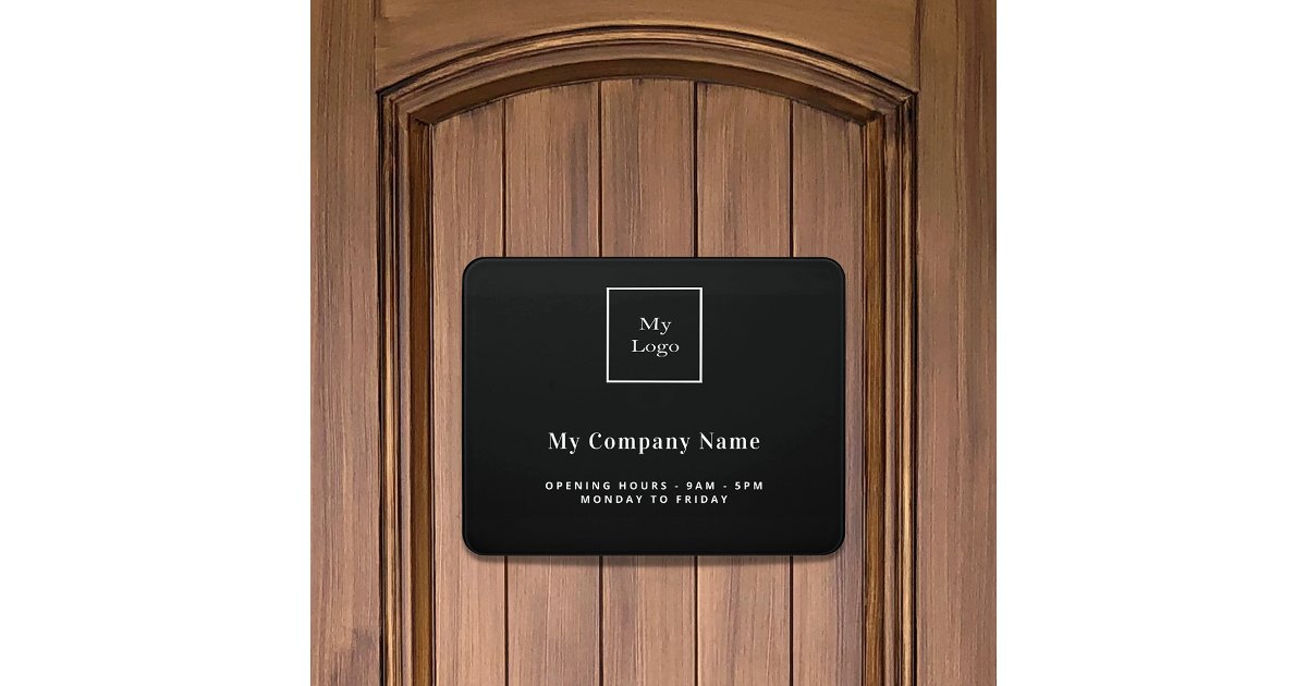Black white business logo name opening hours door sign | Zazzle