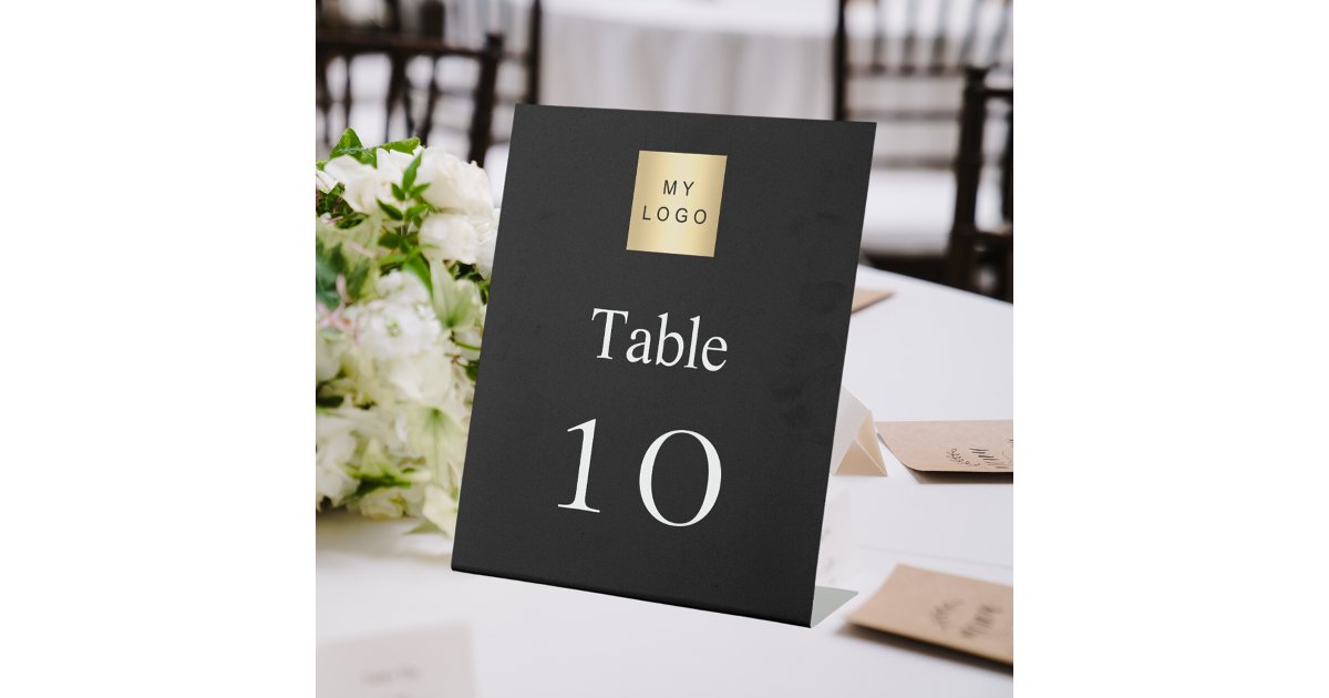 Black white business logo table number pedestal sign | Zazzle