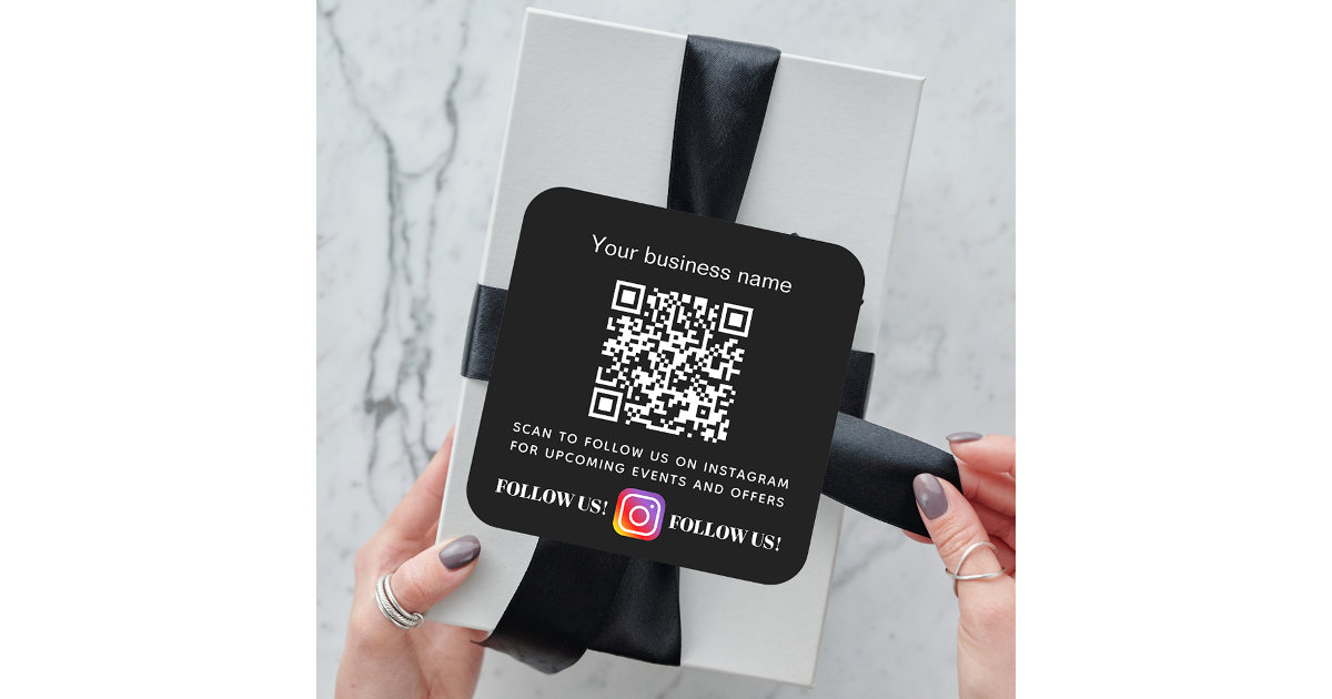 Black white business name qr code instagram square sticker | Zazzle