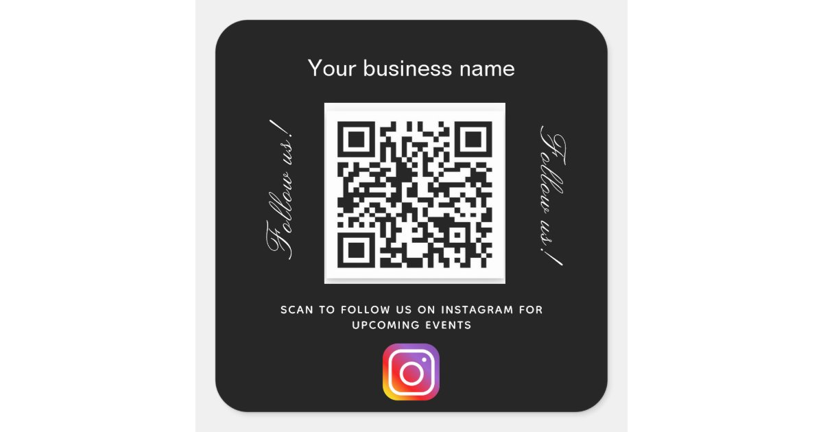 Black white business name qr code instagram square sticker | Zazzle