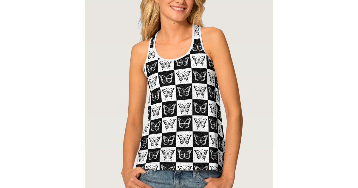 Black White Butterfly Checkered Block Print Tank Top | Zazzle