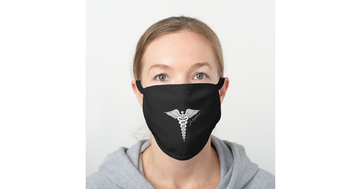 Black & White Caduceus Symbol Black Cotton Face Mask | Zazzle