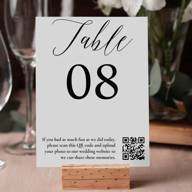 Black white calligraphy elegant wedding QR code Table Number | Zazzle